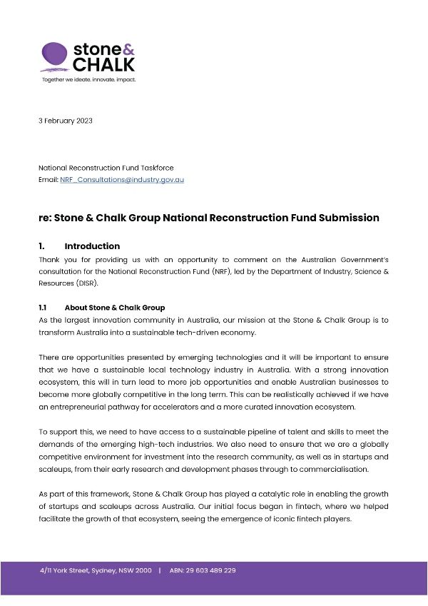 Stone & Chalk Group National Reconstruction Fund submission | Stone & Chalk Stone & Chalk Group National Reconstruction Fund submission | Stone & Chalk